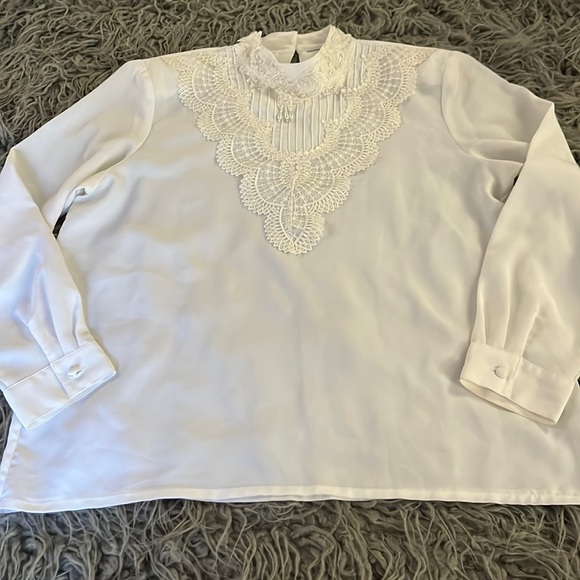 Vintage | Tops | Vintage White Embellished Lace Yolk Blouse L Mock Neck ...